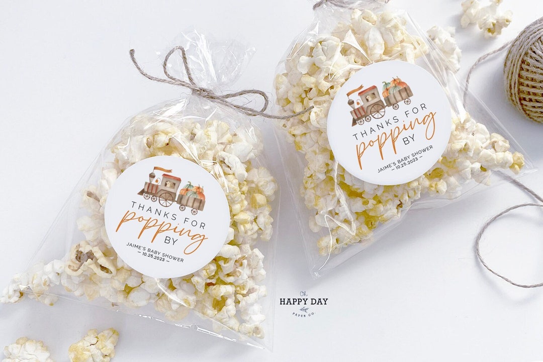 Circle Labels for Popcorn Favor Bags Thanks for Popping by Baby Shower ...