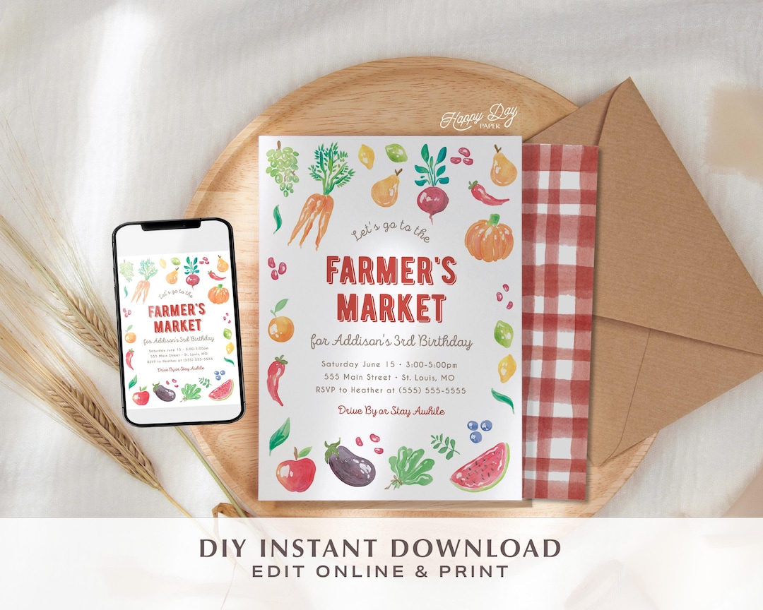 Printable Farmer's Market Birthday Invitation Template • Edit Yourself ...