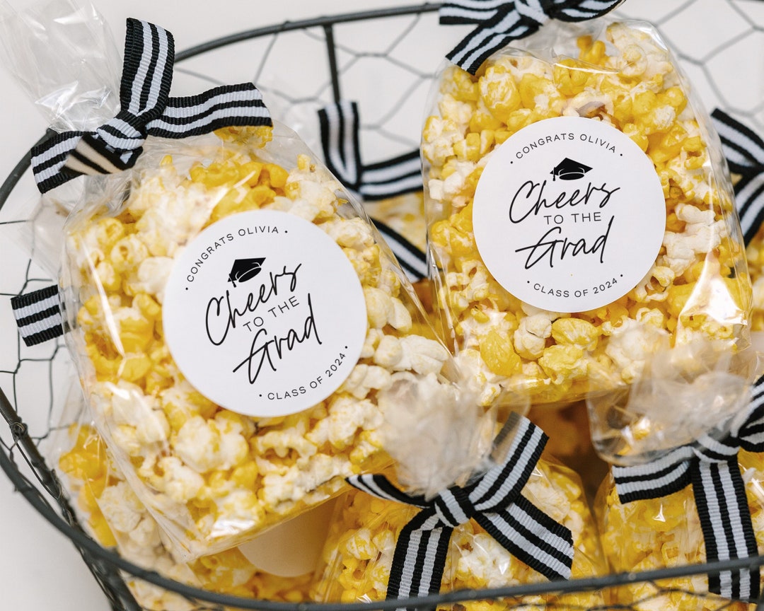 Graduation Popcorn Favor Glossy Circle Labels • Cheers to the Grad ...
