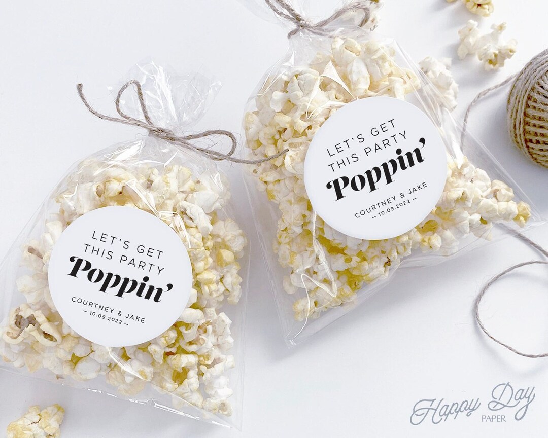 Printed Glossy Circle Labels Let's Get This Party Poppin' Popcorn Bag ...
