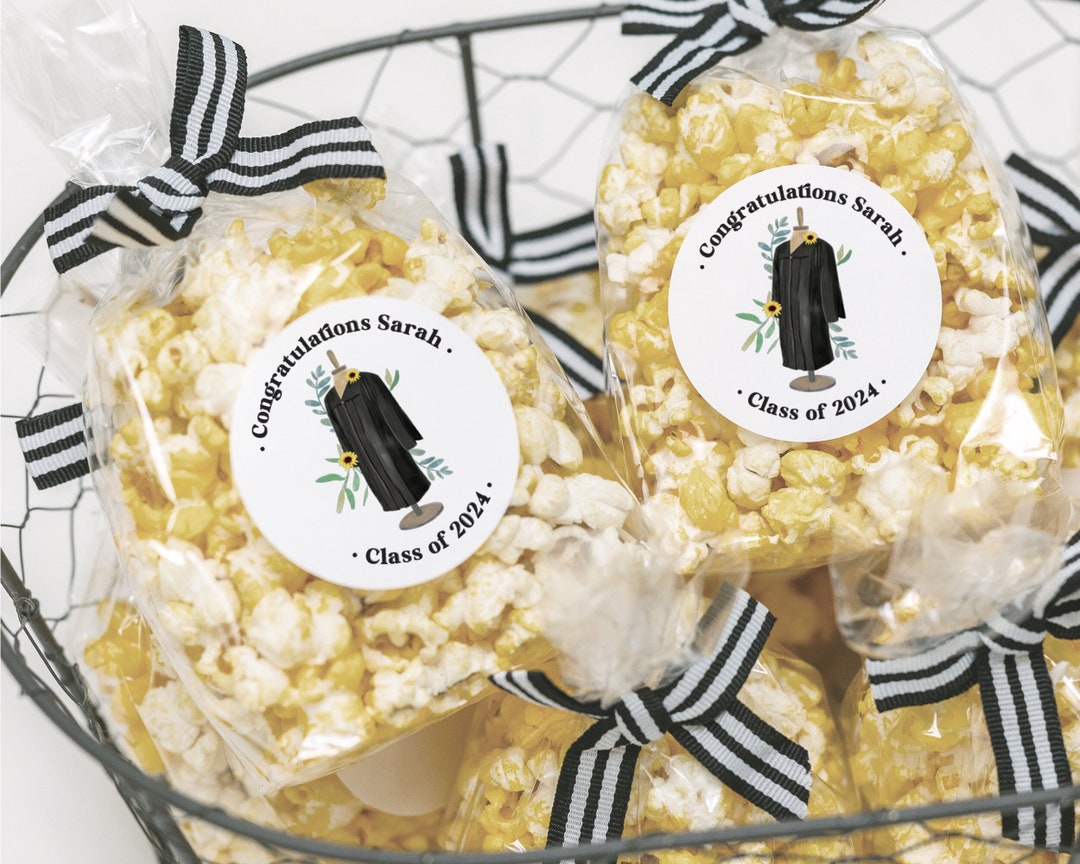 Graduation Popcorn Favor Glossy Circle Labels Popcorn Favor Bag Labels ...