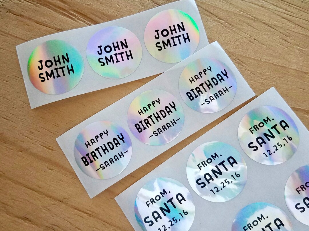 36 Personalized Hologram Name Stickers: Waterproof Circle Labels - Etsy
