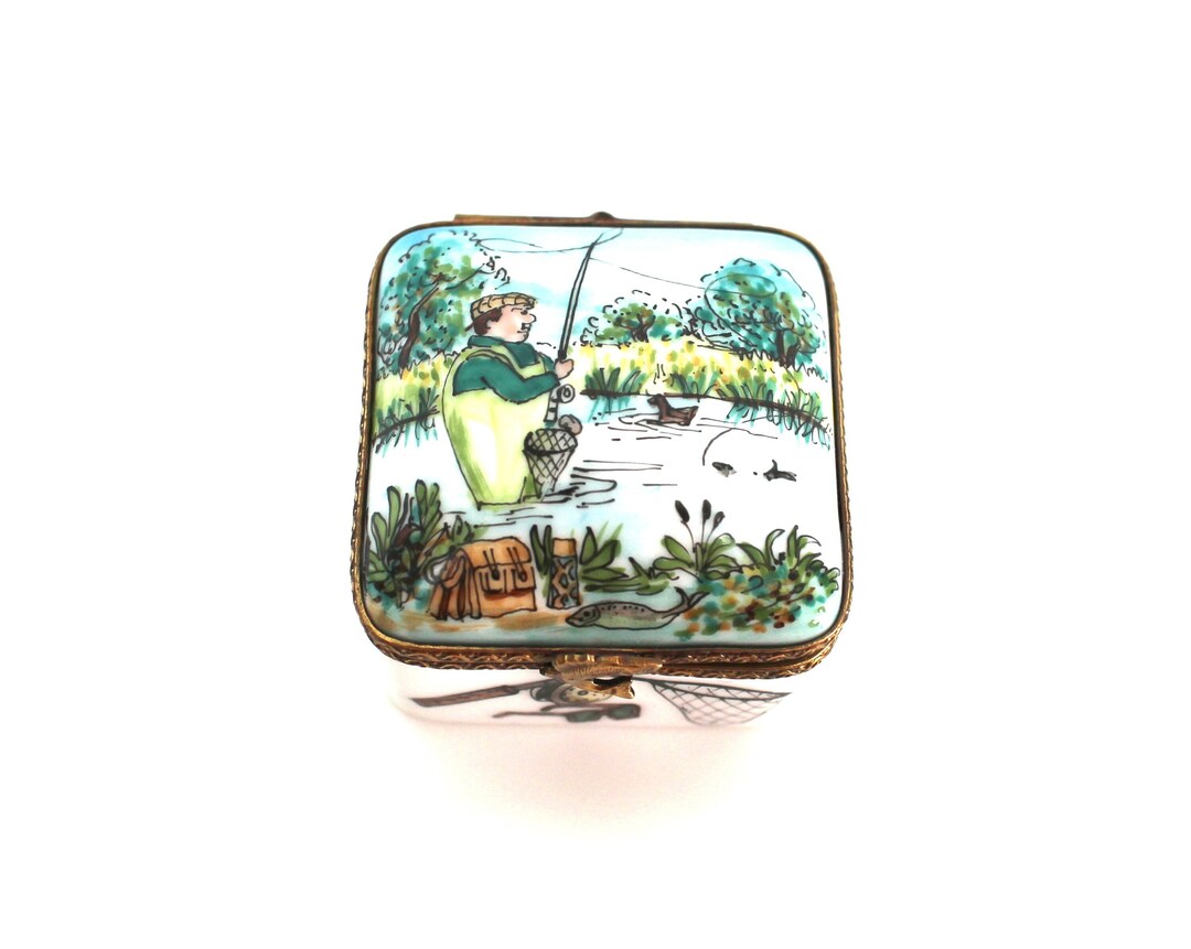 Limoges Pill or Trinket Box Featuring a Fisherman & Fishing Equipment ...