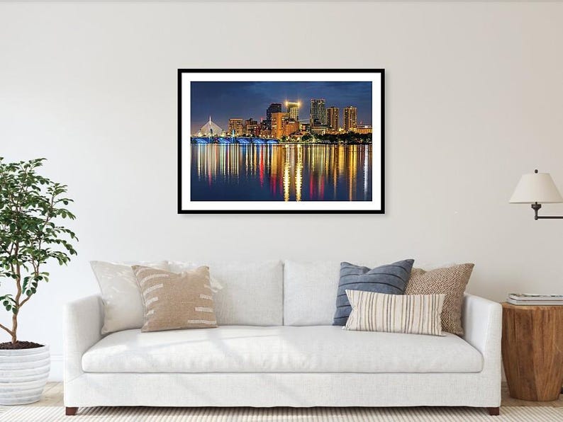 Boston Skyline Print: Charles River, Bunker Hill Bridge, New England ...