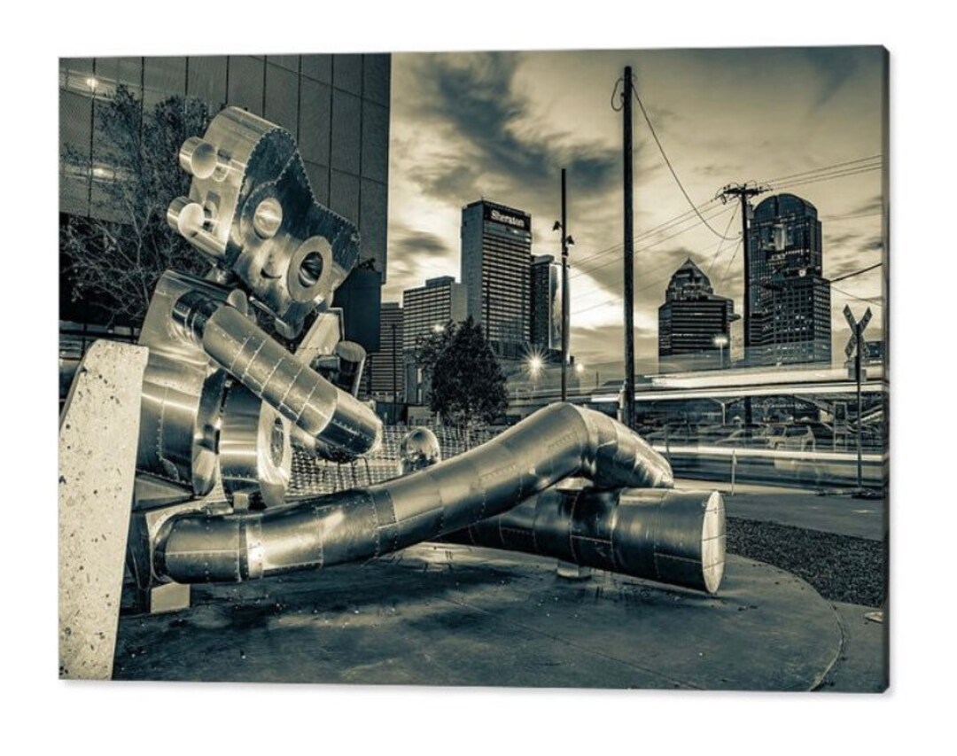 Dallas Skyline Print: Traveling Man Sculpture, Deep Ellum, Sepia - Etsy