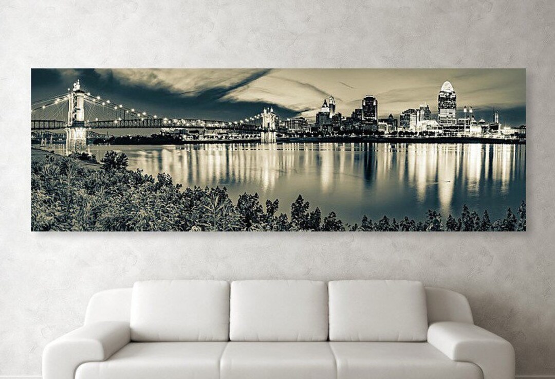 Cincinnati Skyline, Panoramic Print, Black White Sepia, John Roebling ...