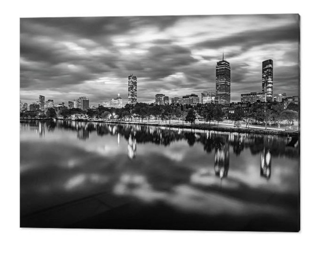 Boston Skyline Print: Charles River Reflections, Black and White ...