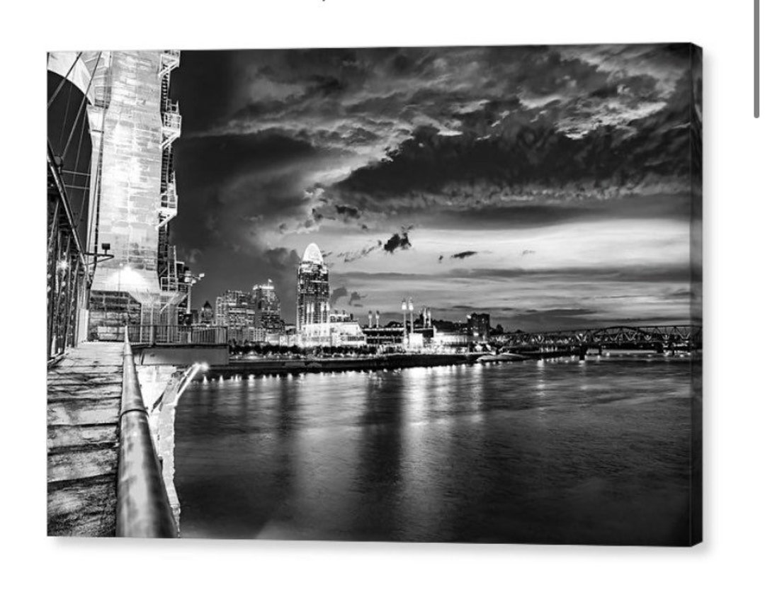 Cincinnati Ohio Skyline, John Roebling Bridge, Monochrome Decor ...