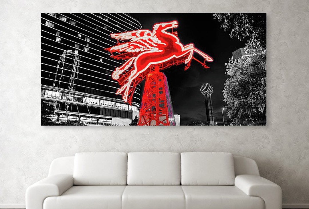 Red Flying Pegasus, Dallas Texas, Selective Color Panorama, Black White ...