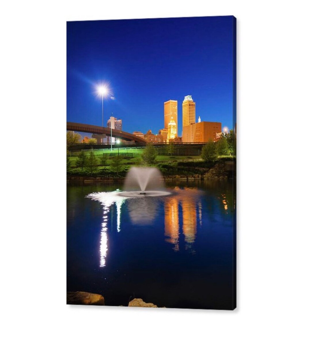 Tulsa Skyline Art Print: Centennial Park Fountain, Cityscape Lights - Etsy
