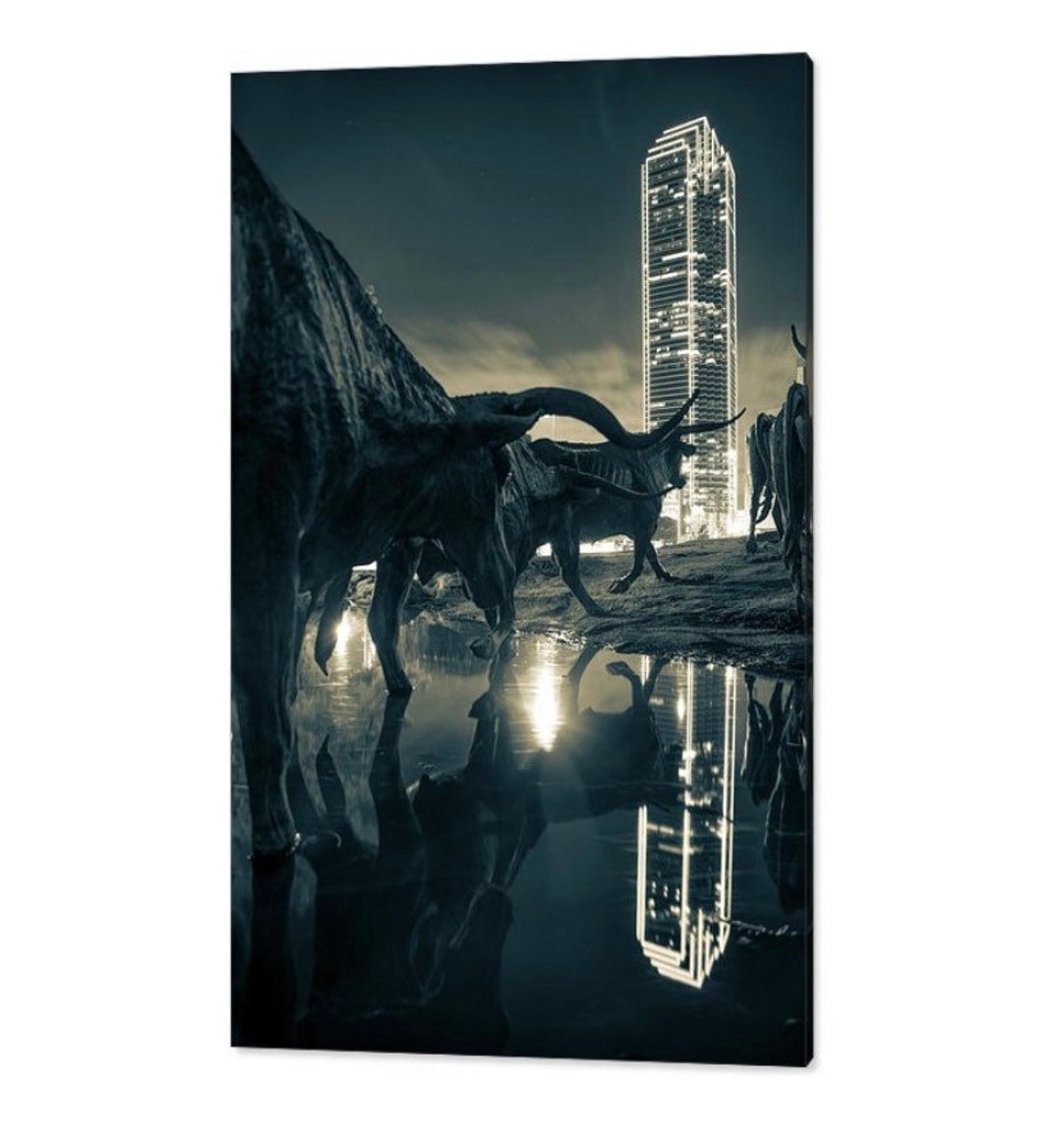Dallas Skyline Print: Longhorn Cattle Drive Sculpture, Sepia Monochrome ...