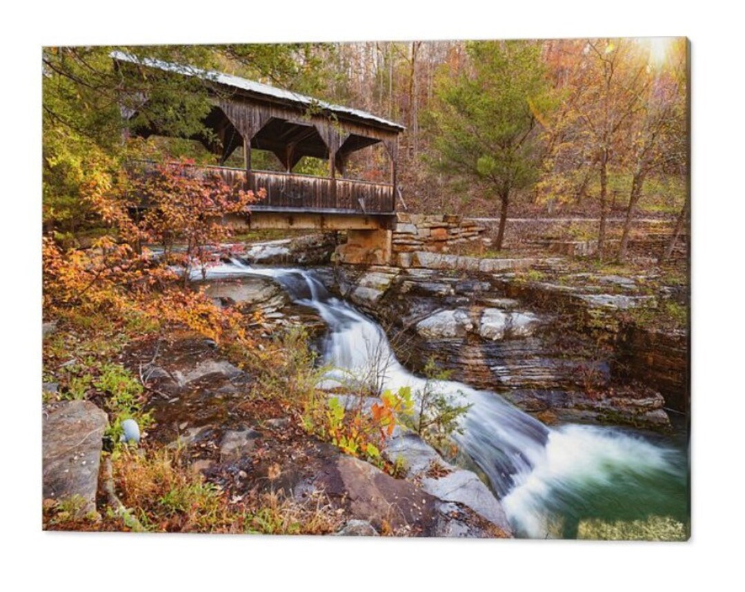Ponca Covered Bridge, Autumn Waterfall, Ozark Mountains, Ponca Arkansas ...
