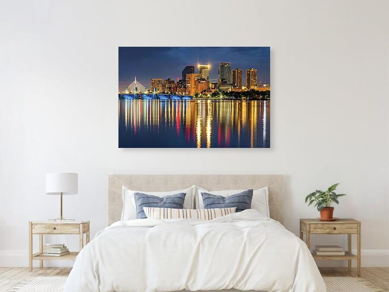 Boston Skyline Print: Charles River, Bunker Hill Bridge, New England ...