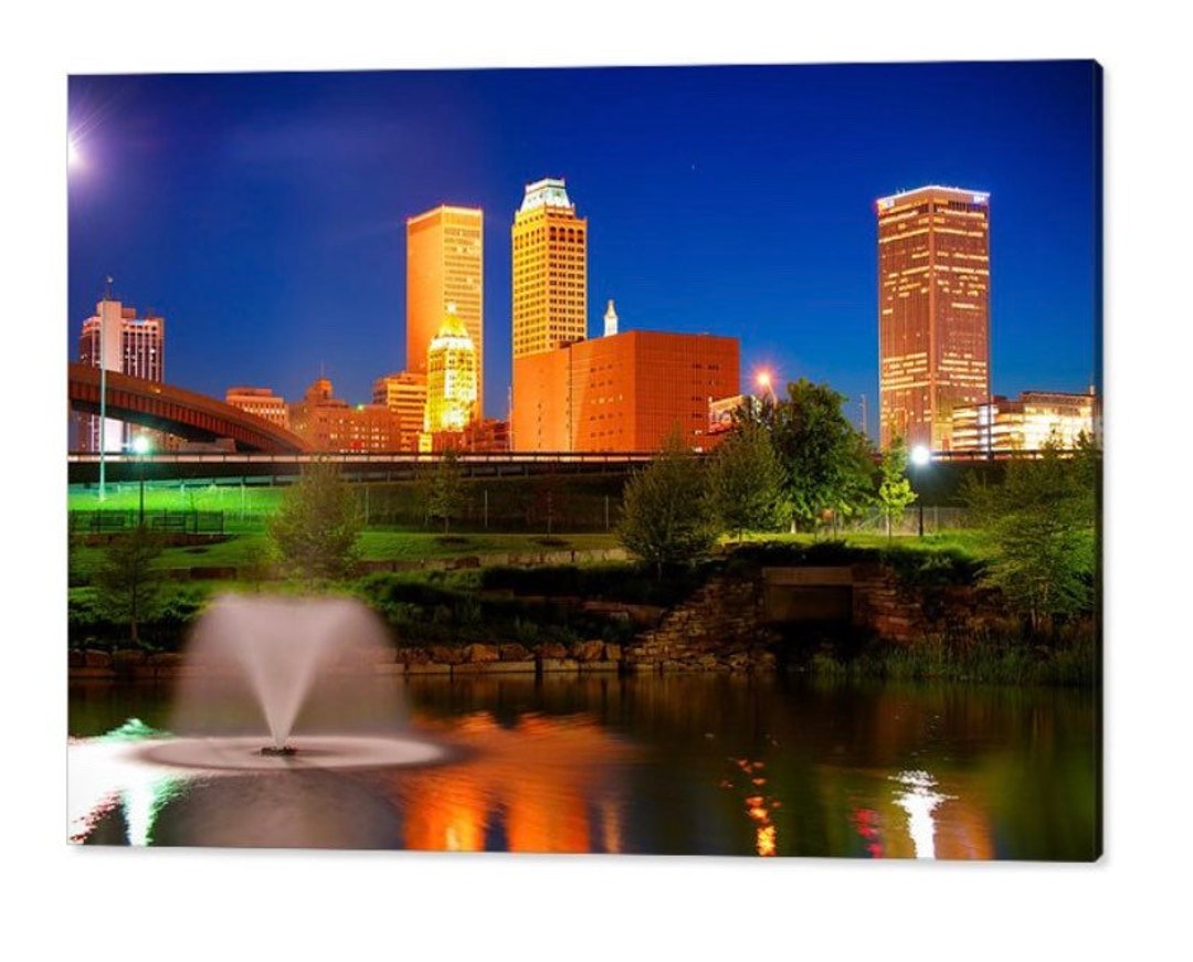 Tulsa Skyline Print: Vibrant Oklahoma Cityscape, Veterans Park Lake - Etsy