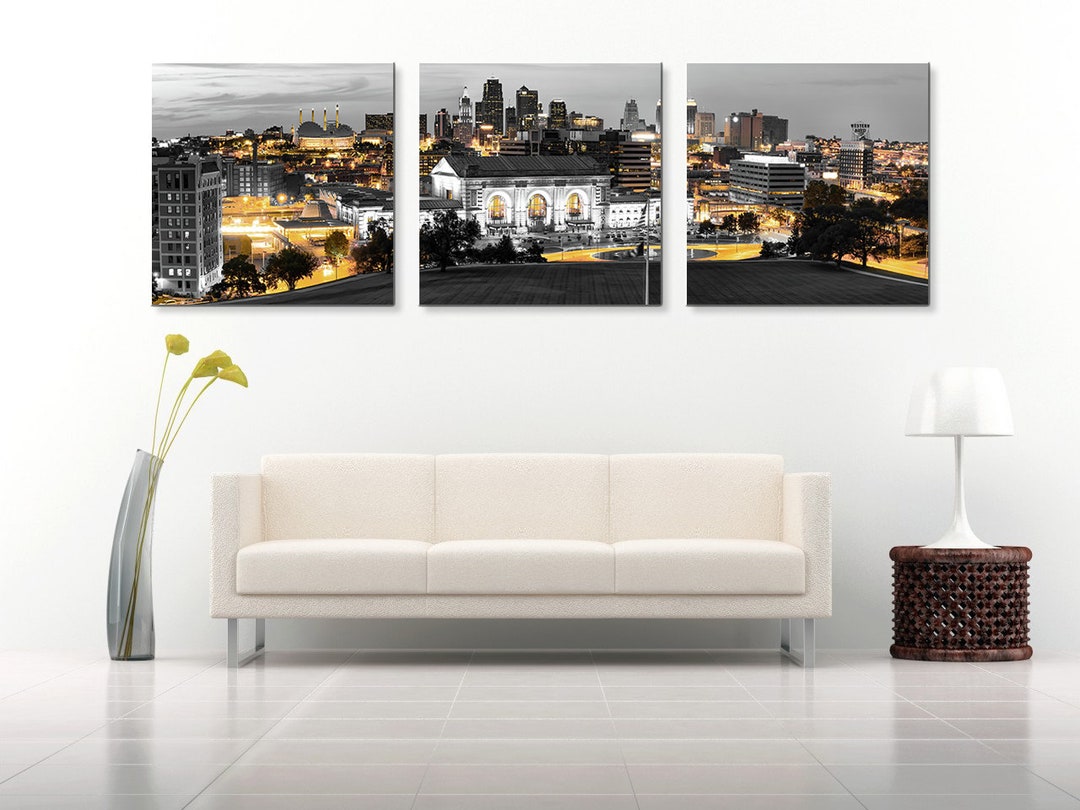 Kansas City Skyline Panoramic Panels, Missouri, Triptych, Golden ...