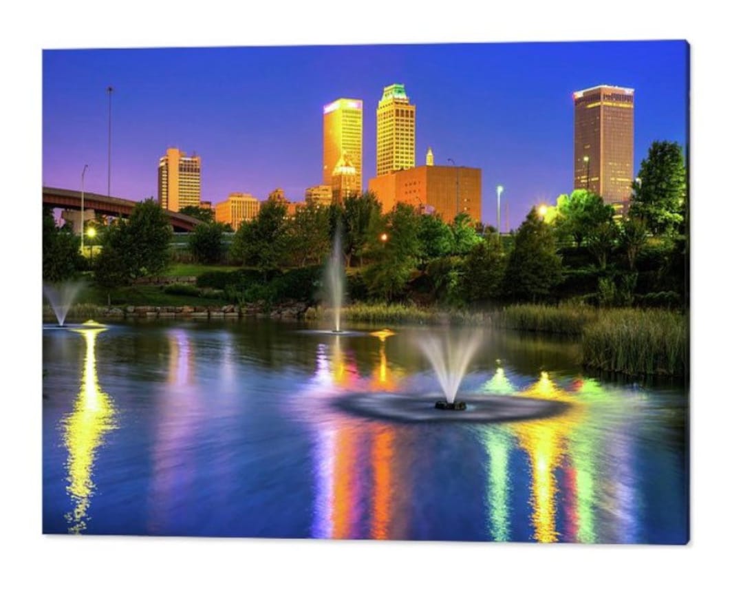 Tulsa Skyline Art Print: Centennial Park Fountain, Purple Sky - Etsy