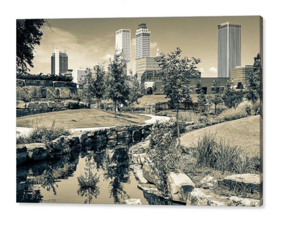 Tulsa Skyline Art, Sepia Print, Monochrome Decor, Veterans Park ...