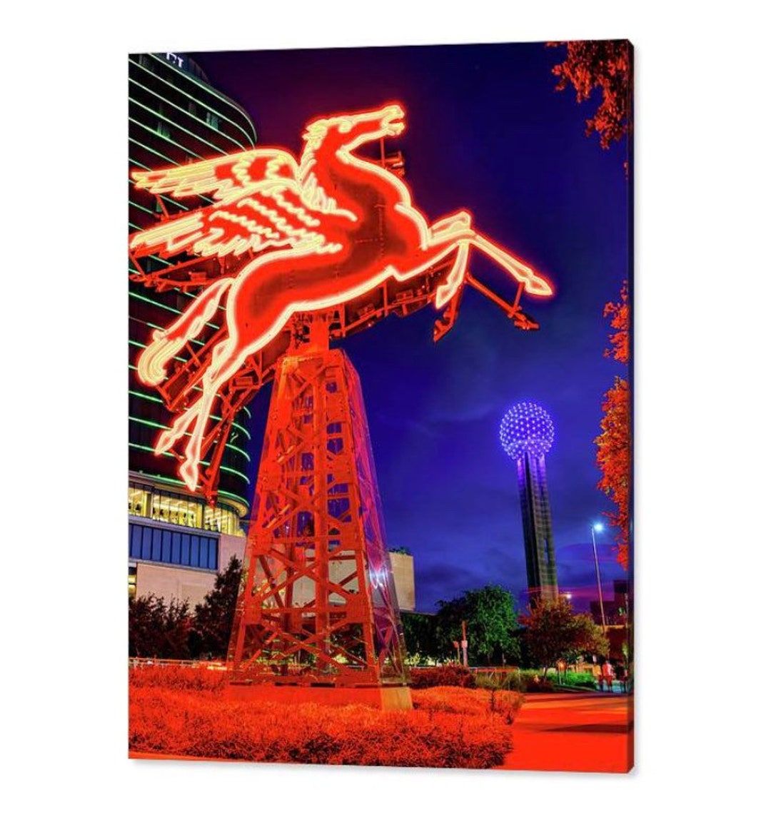 Dallas Texas, Flying Red Pegasus, Reunion Tower, Neon Sign, Colorful ...
