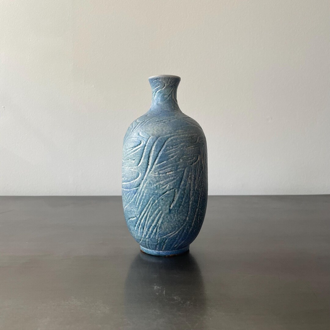 Vintage Harlander Sgraffito Studio Pottery Vase | Ceramic Blue Vessel ...