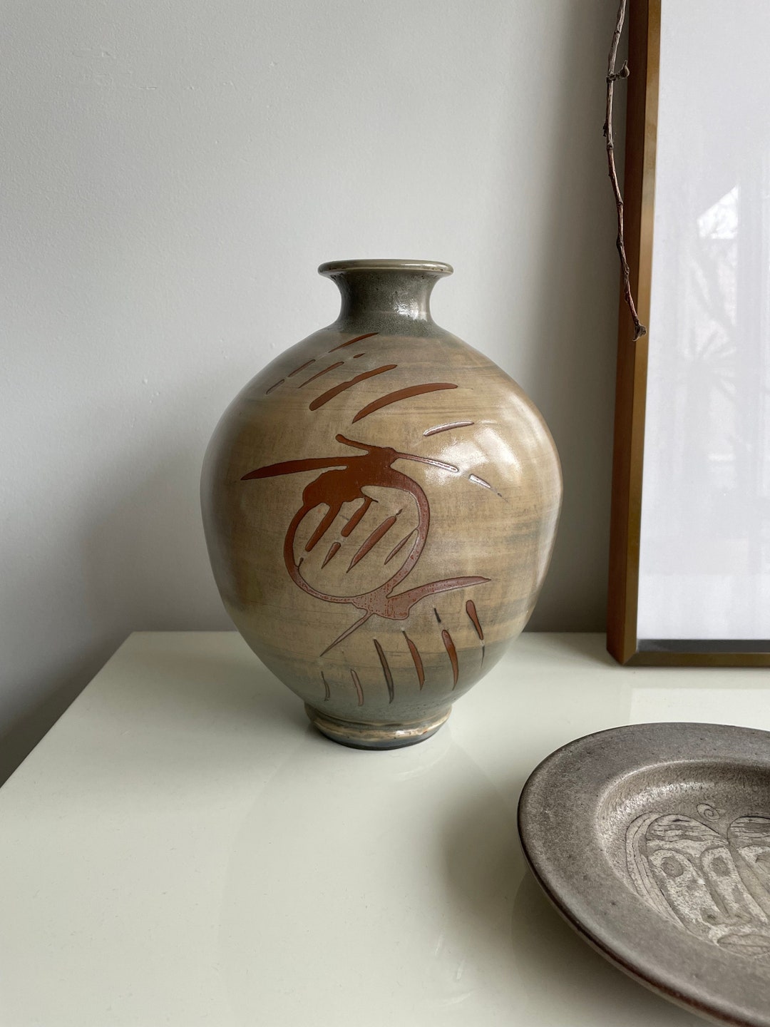 Vintage Wayne Ngan Studio Pottery Bottle Vase | Wax Resist Brushwork ...