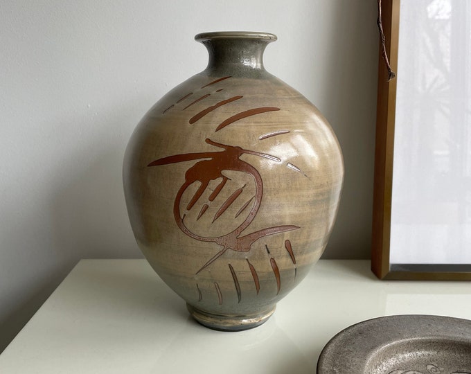 Vintage Wayne Ngan Studio Pottery Bottle Vase Wax Resist Brushwork ...