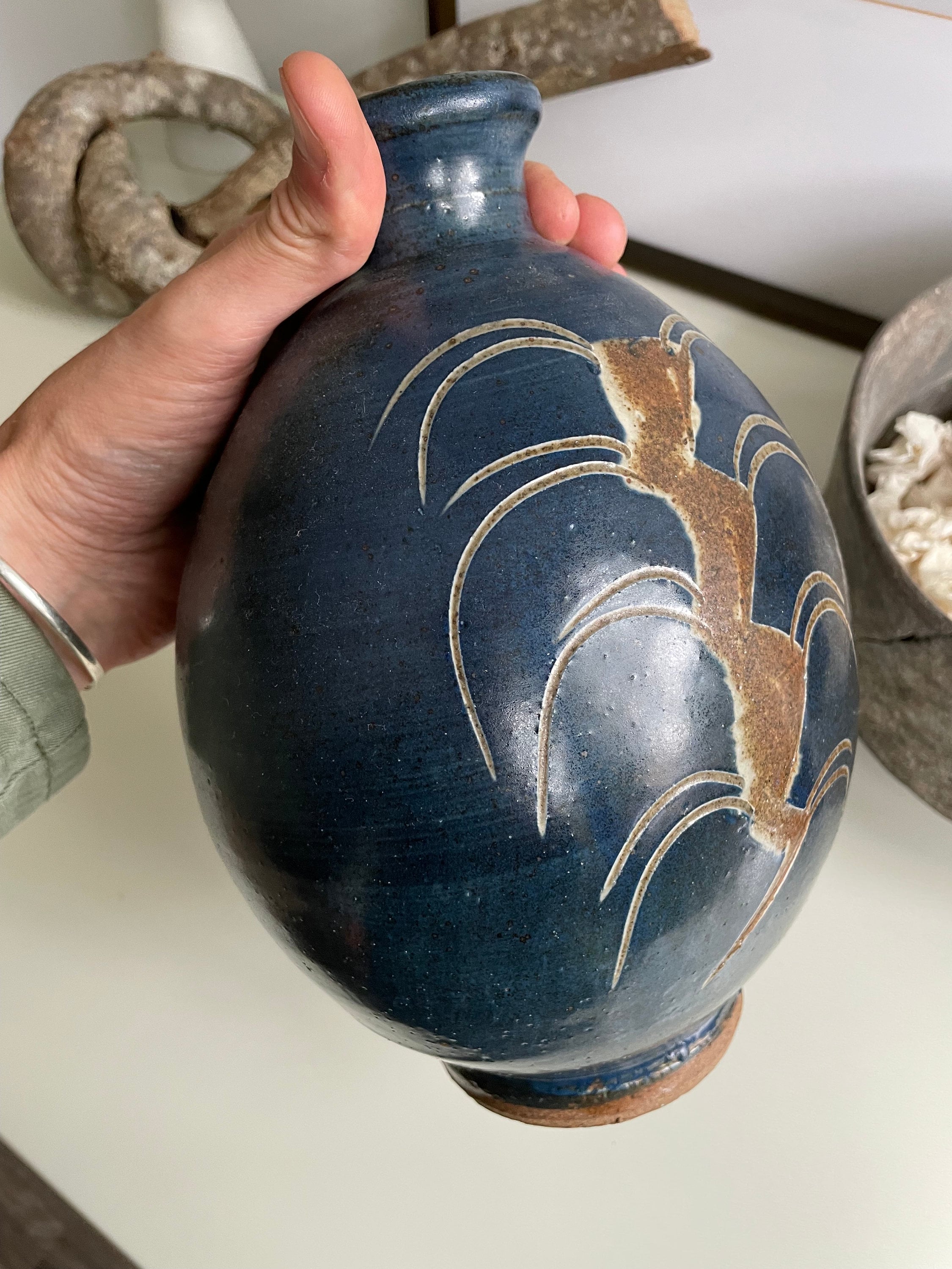 Vintage 1970s Wayne Ngan Studio Pottery Bottle Vase | Dark Blue Glaze ...