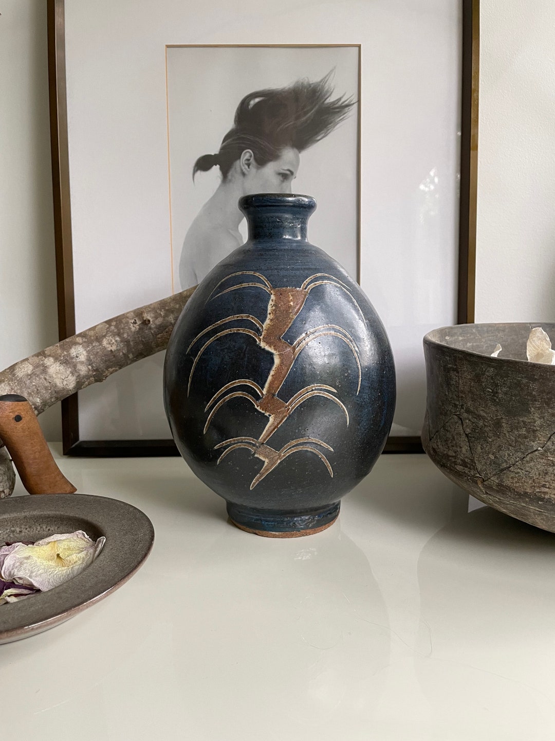 Vintage 1970s Wayne Ngan Studio Pottery Bottle Vase | Dark Blue Glaze ...