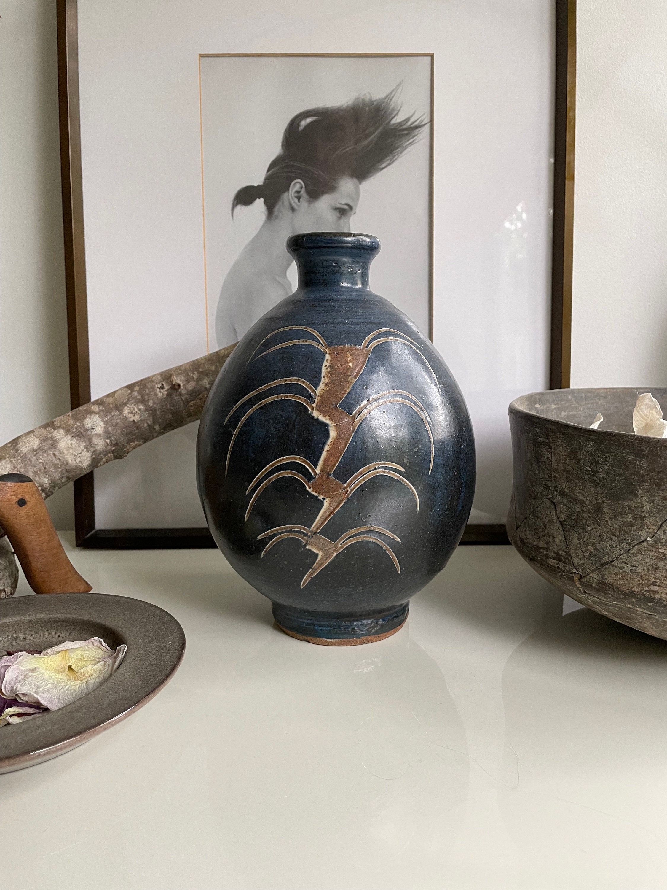 Vintage 1970s Wayne Ngan Studio Pottery Bottle Vase | Dark Blue Glaze ...