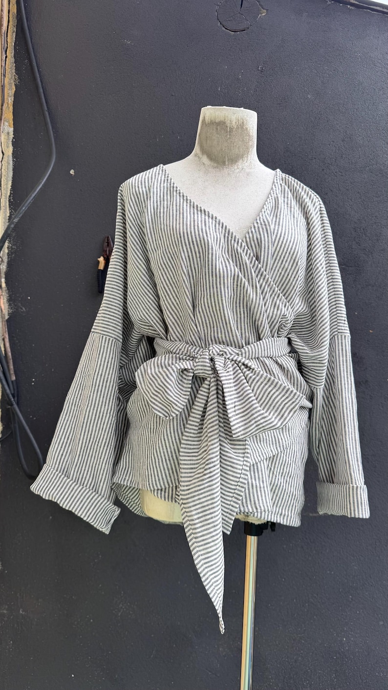 Custom Linen Wrap Blouse: Long Sleeve Drop Shoulder Top - Etsy