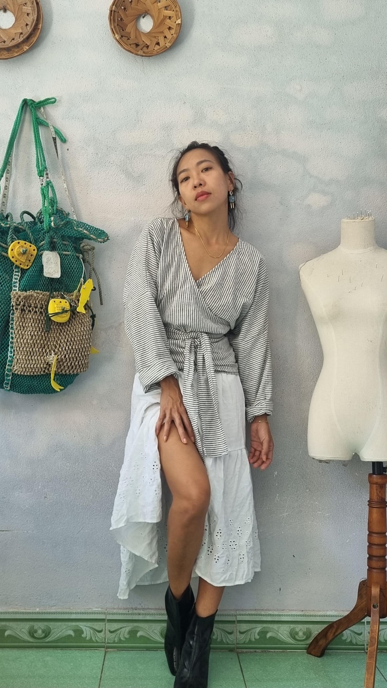 Custom Linen Wrap Blouse: Long Sleeve Drop Shoulder Top - Etsy