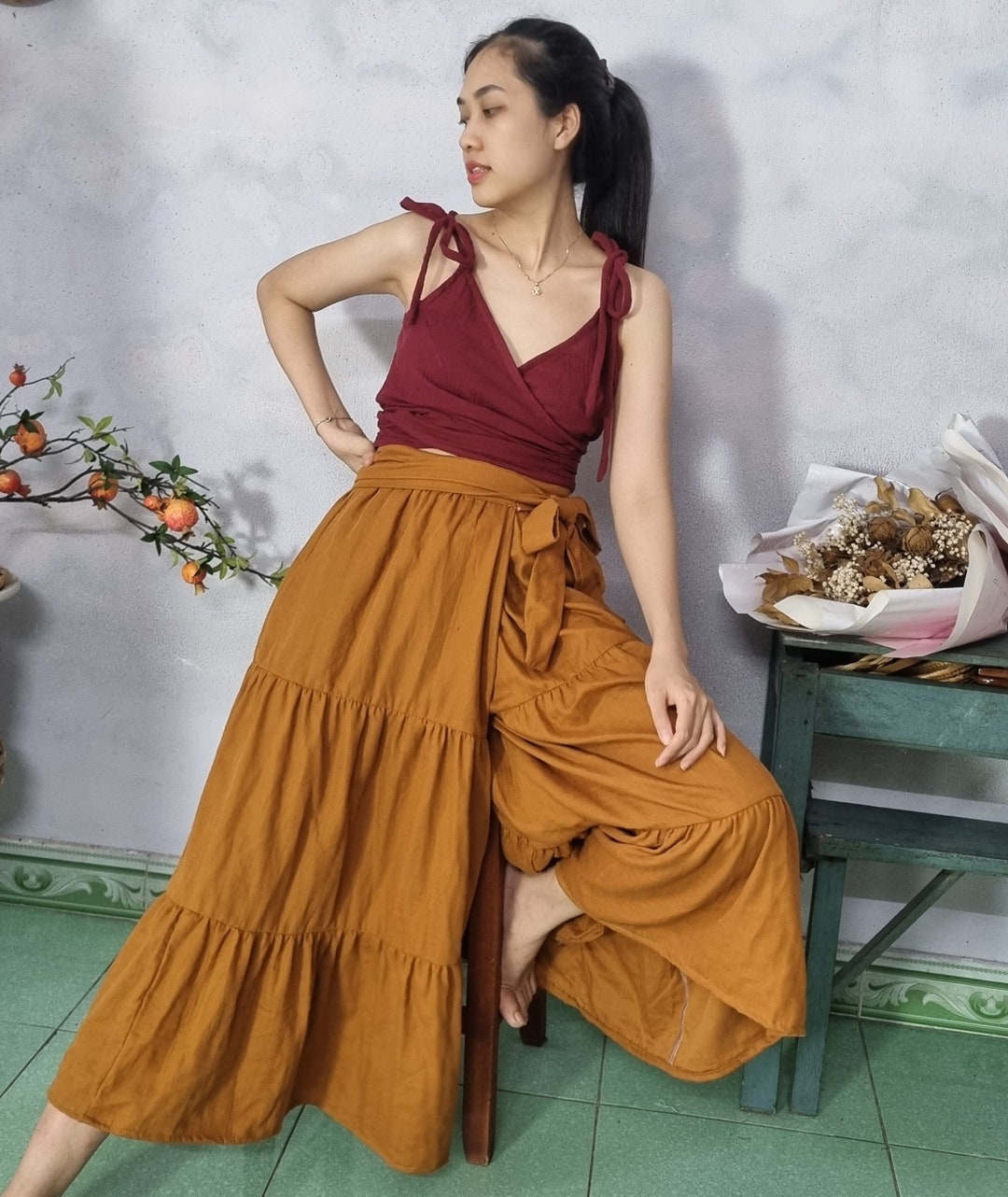 Tiered Pants Linen Fishbone Wrap Pants Bohemian Trouser Ruffles Trouser ...