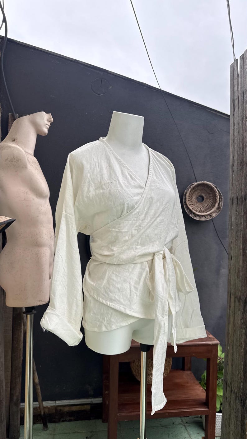 Custom Linen Wrap Blouse: Long Sleeve Drop Shoulder Top - Etsy