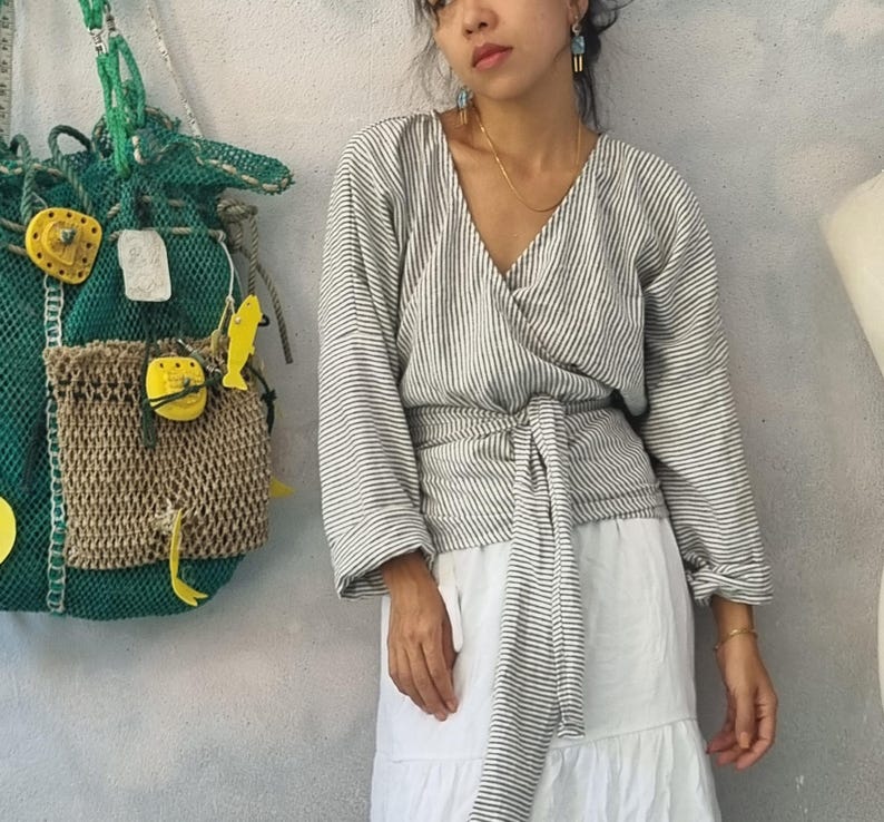 Custom Linen Wrap Blouse: Long Sleeve Drop Shoulder Top - Etsy
