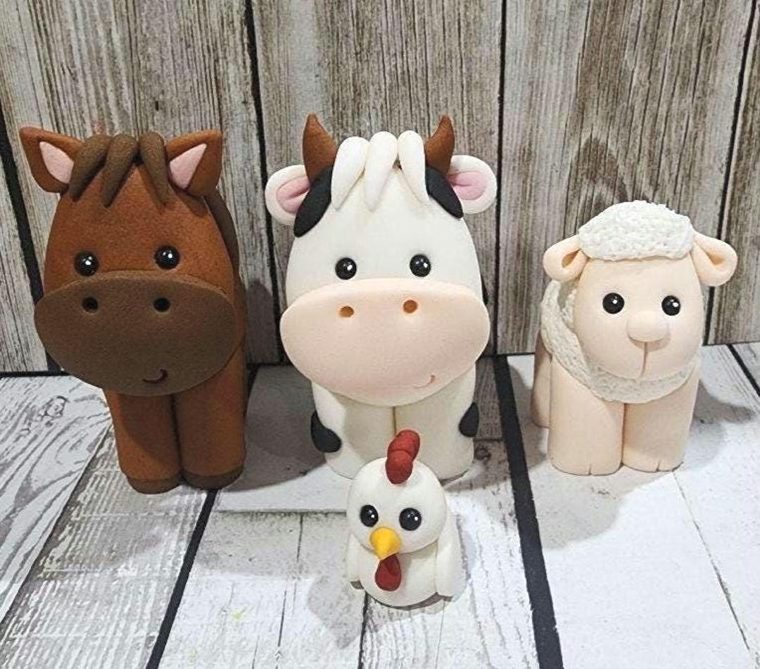 Edible Fondant Farm Animals: Cow, Sheep, Horse and Chicken Cake Topper ...