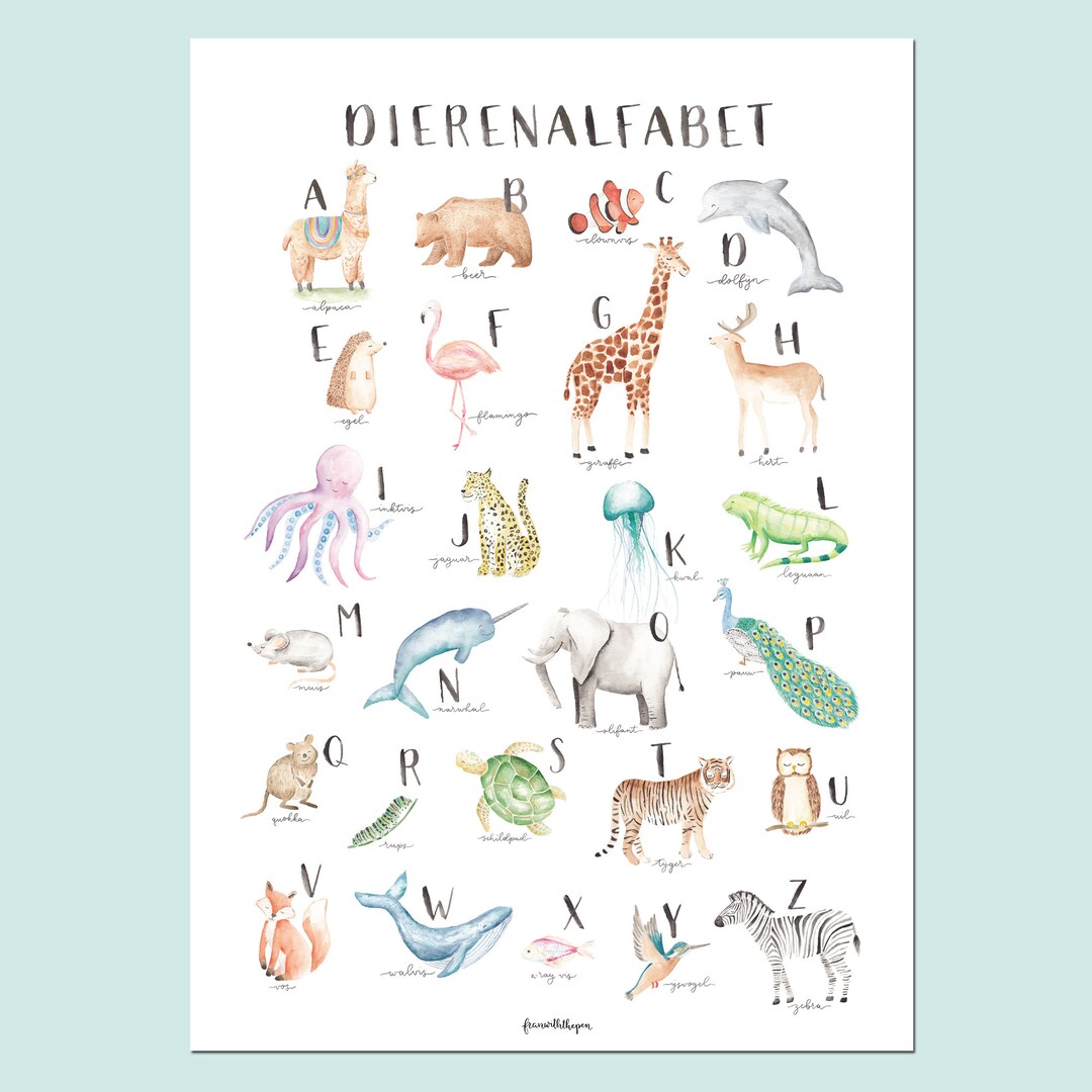 DUTCH Version Animal Alphabet Poster Watercolor Handmade - Etsy