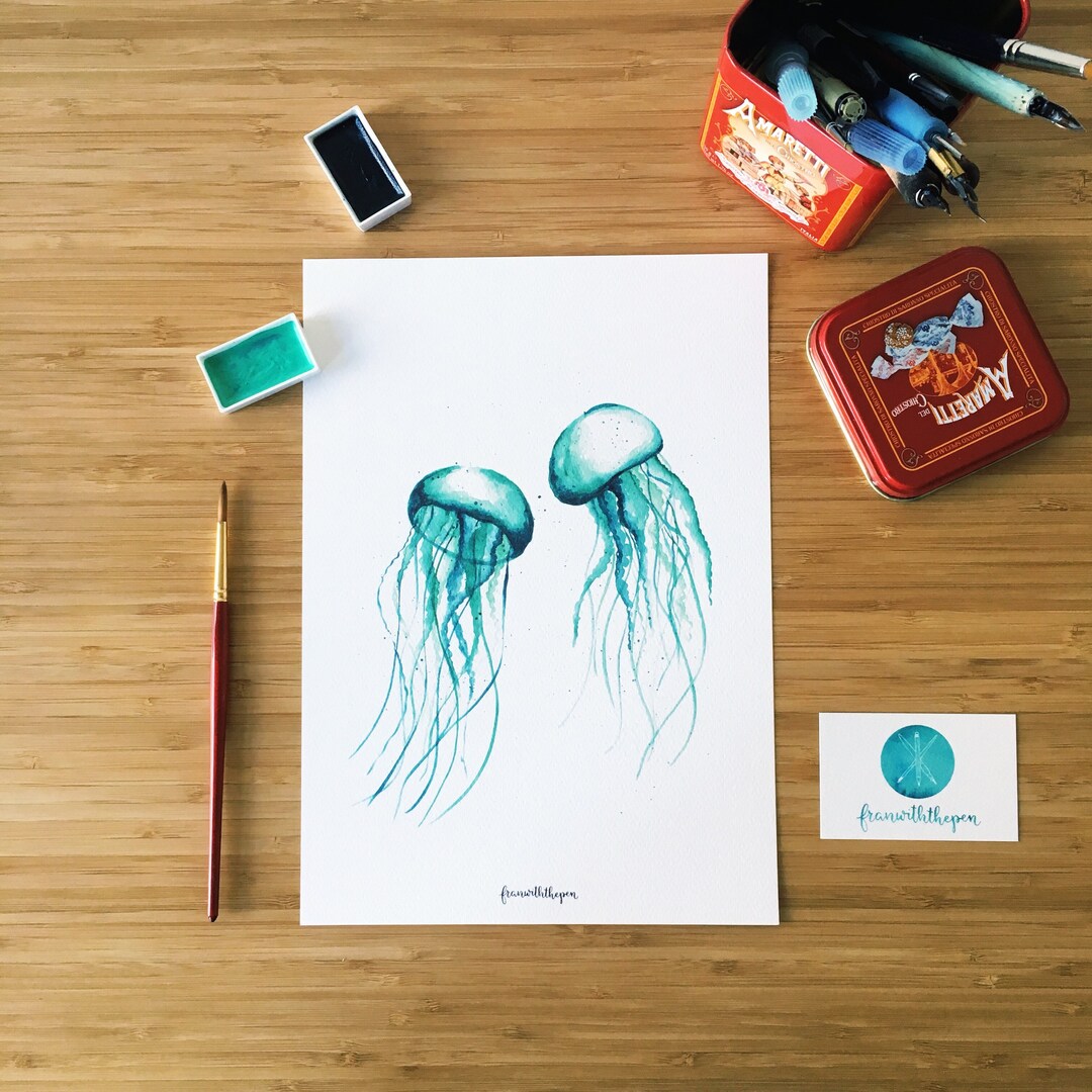 A4 Poster Jellyfish | Mint Green Watercolor Wall Art | Illustration ...