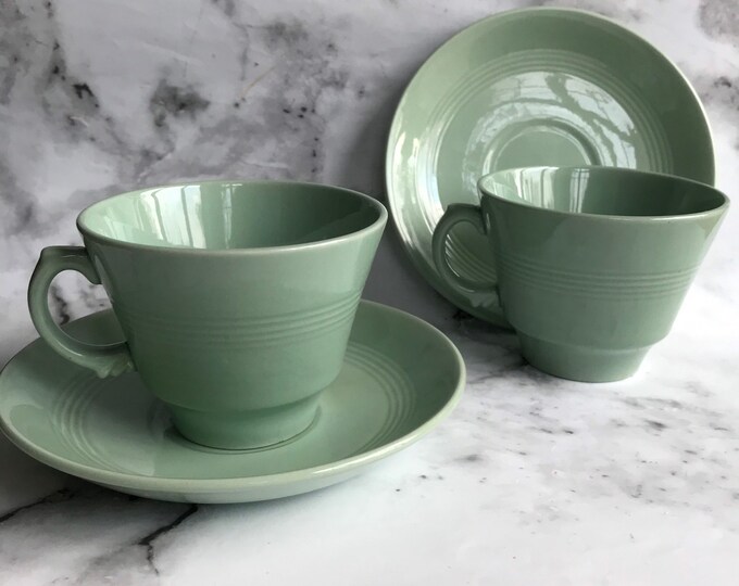 Beryl Wood's Ware Tea Cups and Saucers 1940s Green Utility Ware China ...