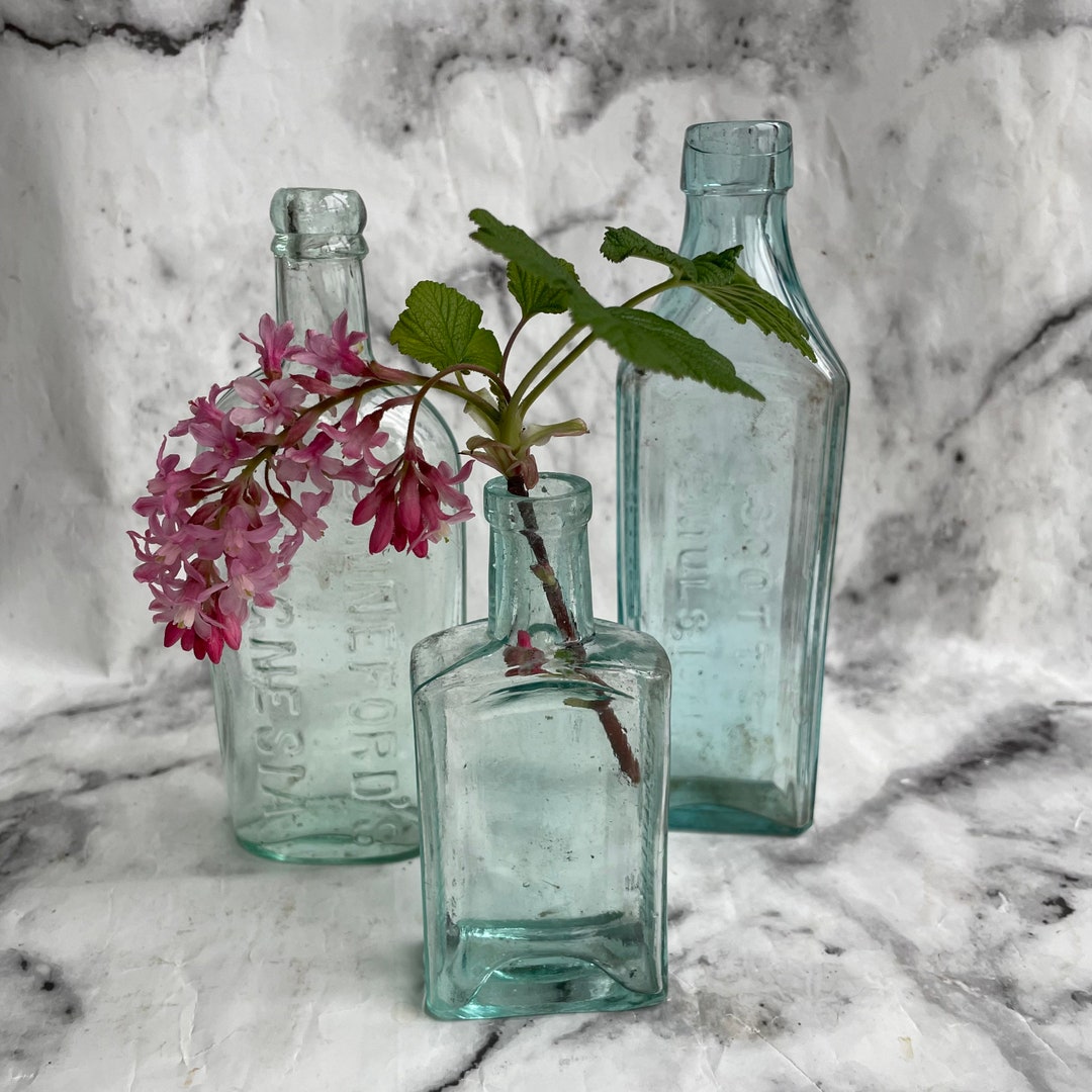 Vintage Glass Bottle Collection Set of Three Embossed Advertising Glass ...