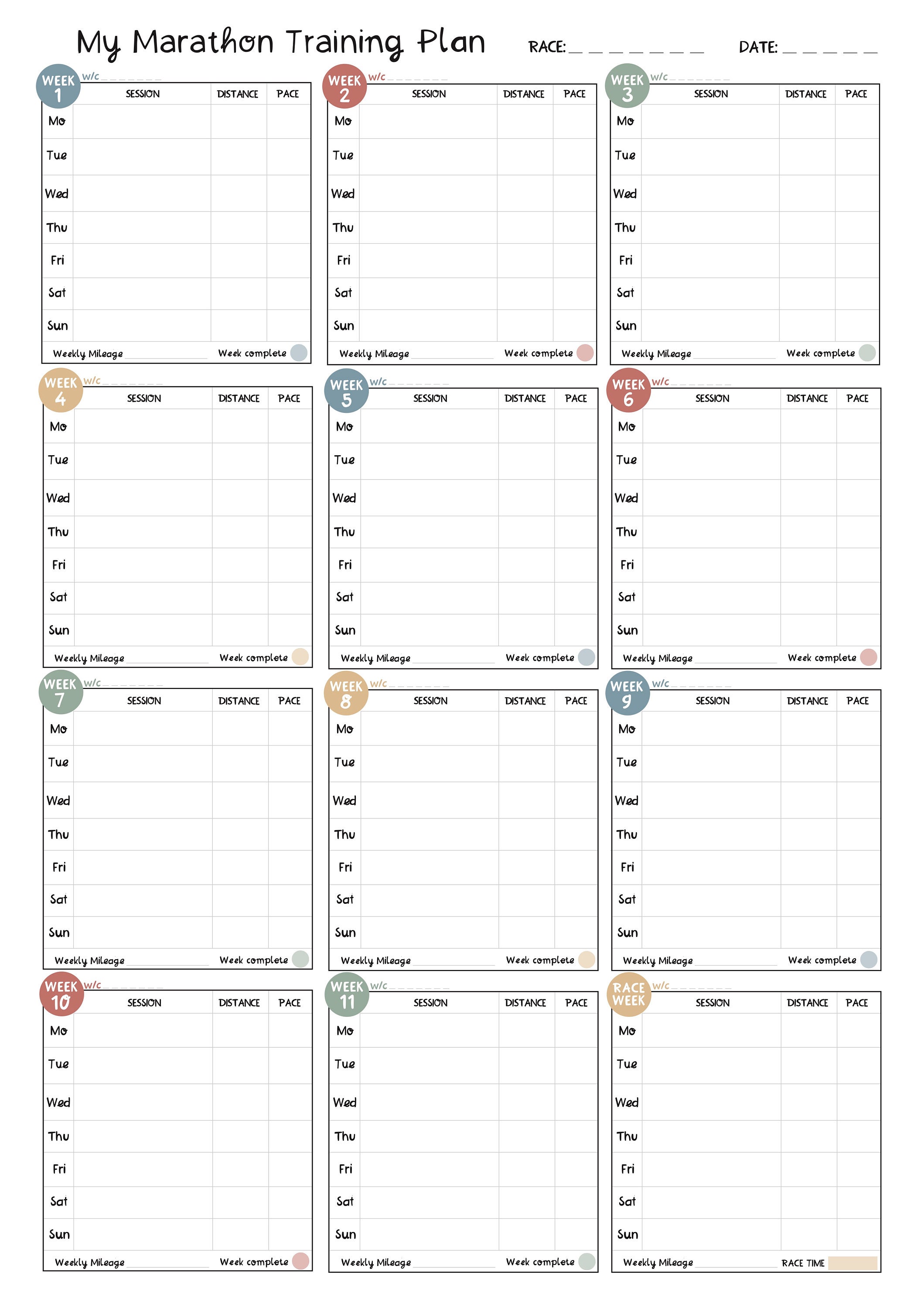 Marathon Blank Training Plan White, 12 Week Running Training Record ...