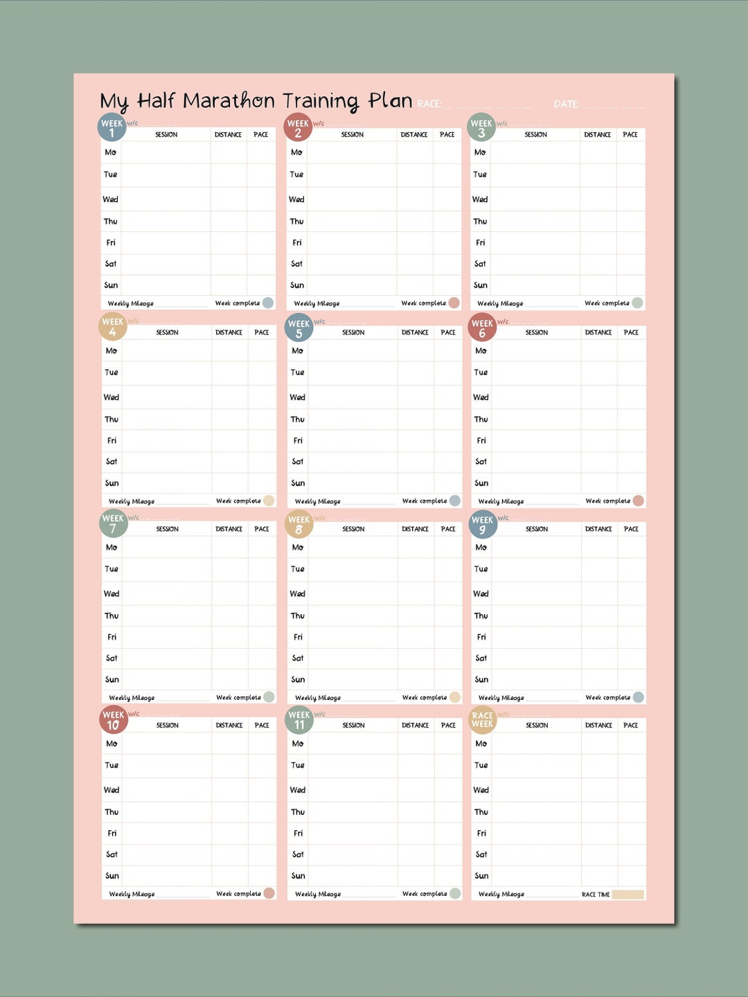 Half Marathon Blank Training Plan, 12 Week Running Training Record ...