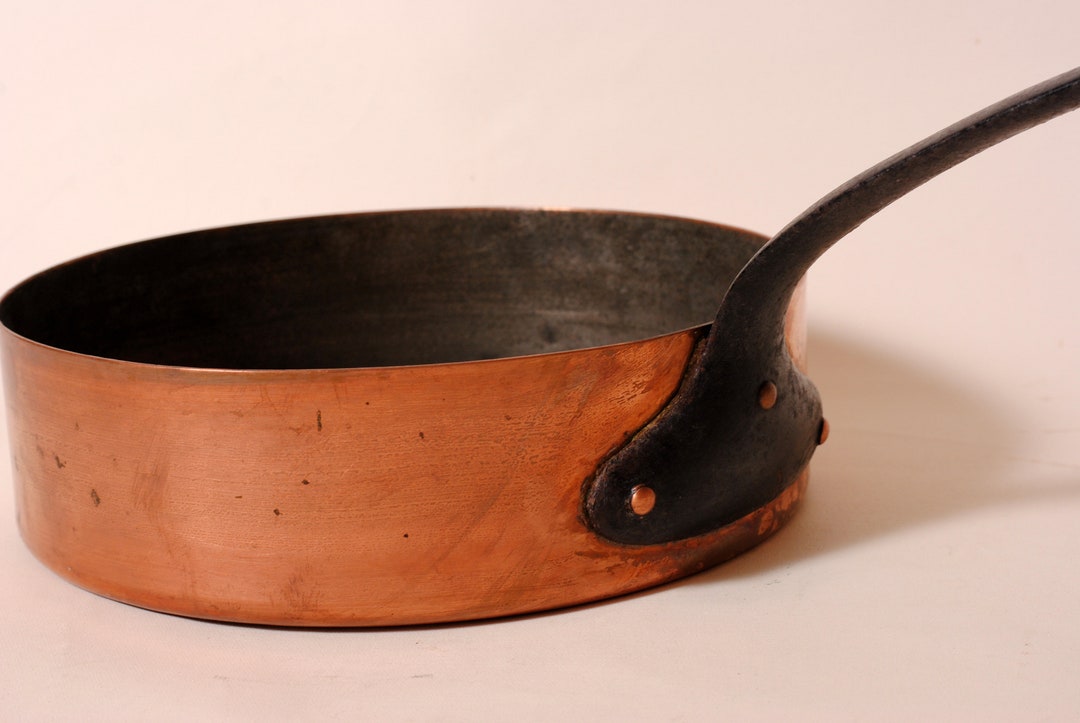 French Brass Sauté Pan, Cast Iron Handle, Copper Rivets, Professional ...