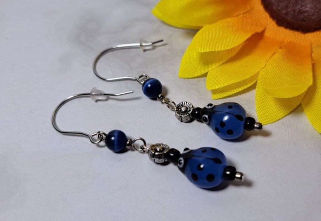 Ladybug Lampwork Blue Black Beaded Dangle Artisan Earrings - Etsy