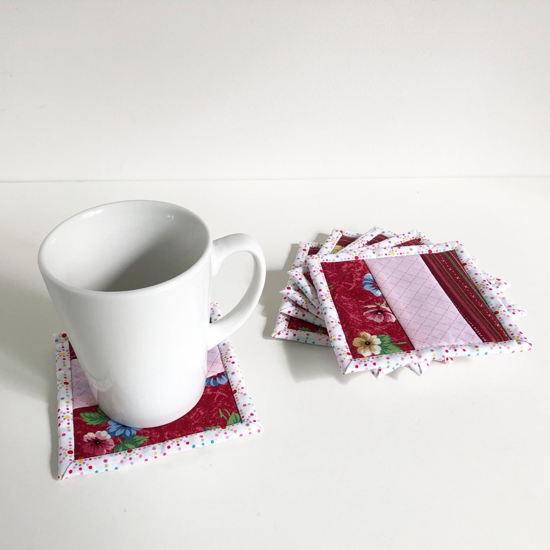 Set of Six Patchwork Mug Rugs in Red and Pink, Quilted Coasters, Fabric ...
