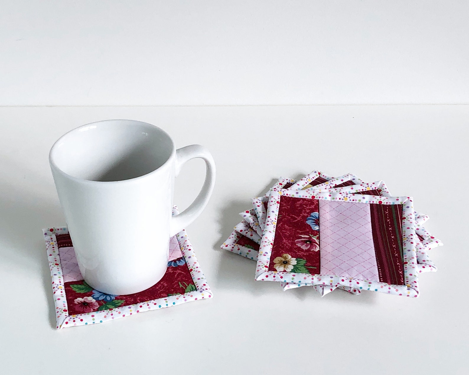 Set of Six Patchwork Mug Rugs in Red and Pink Quilted - Etsy Australia