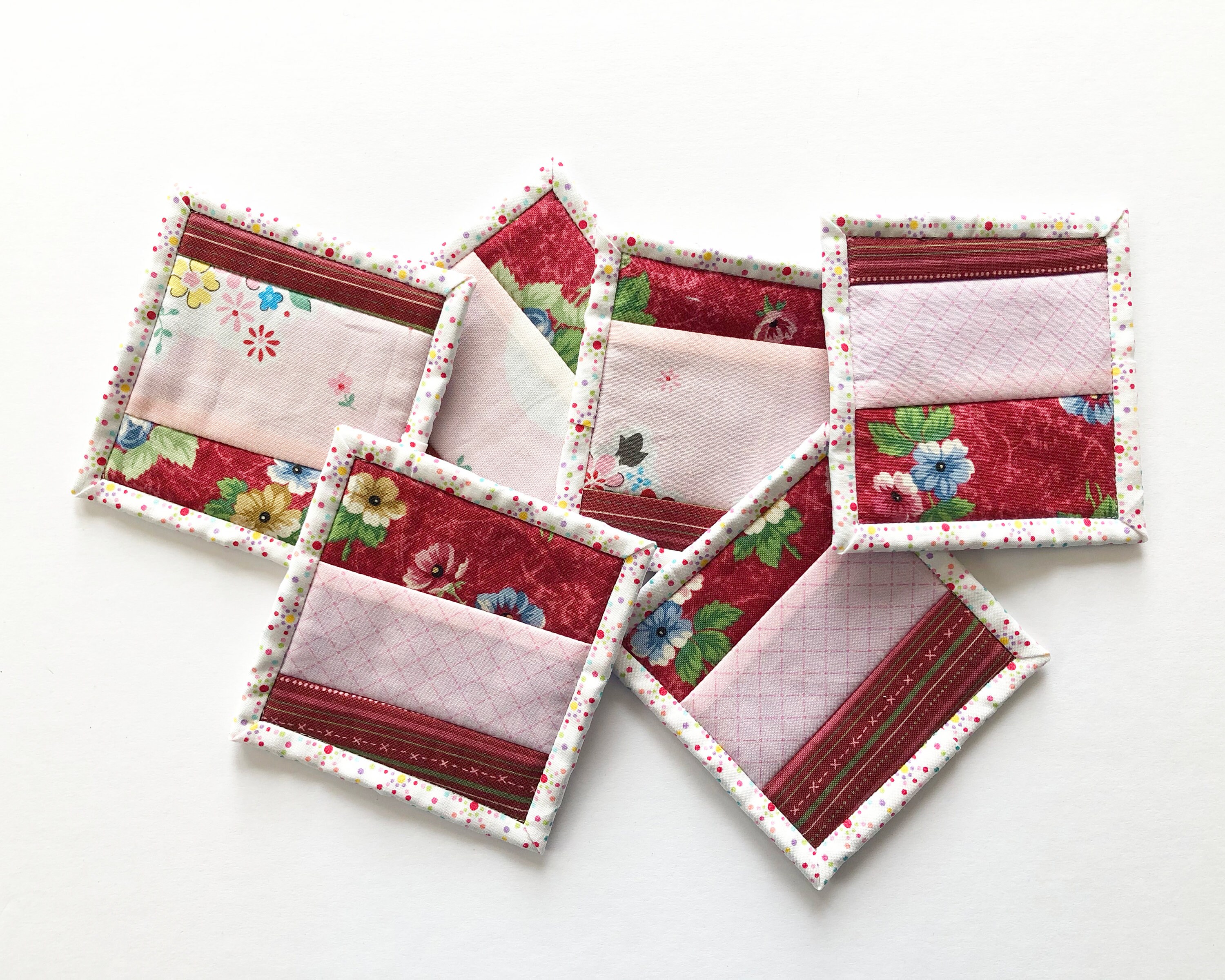 Set of Six Patchwork Mug Rugs in Red and Pink, Quilted Coasters, Fabric ...