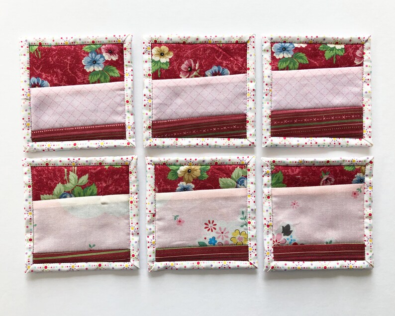 Set of Six Patchwork Mug Rugs in Red and Pink, Quilted Coasters, Fabric ...