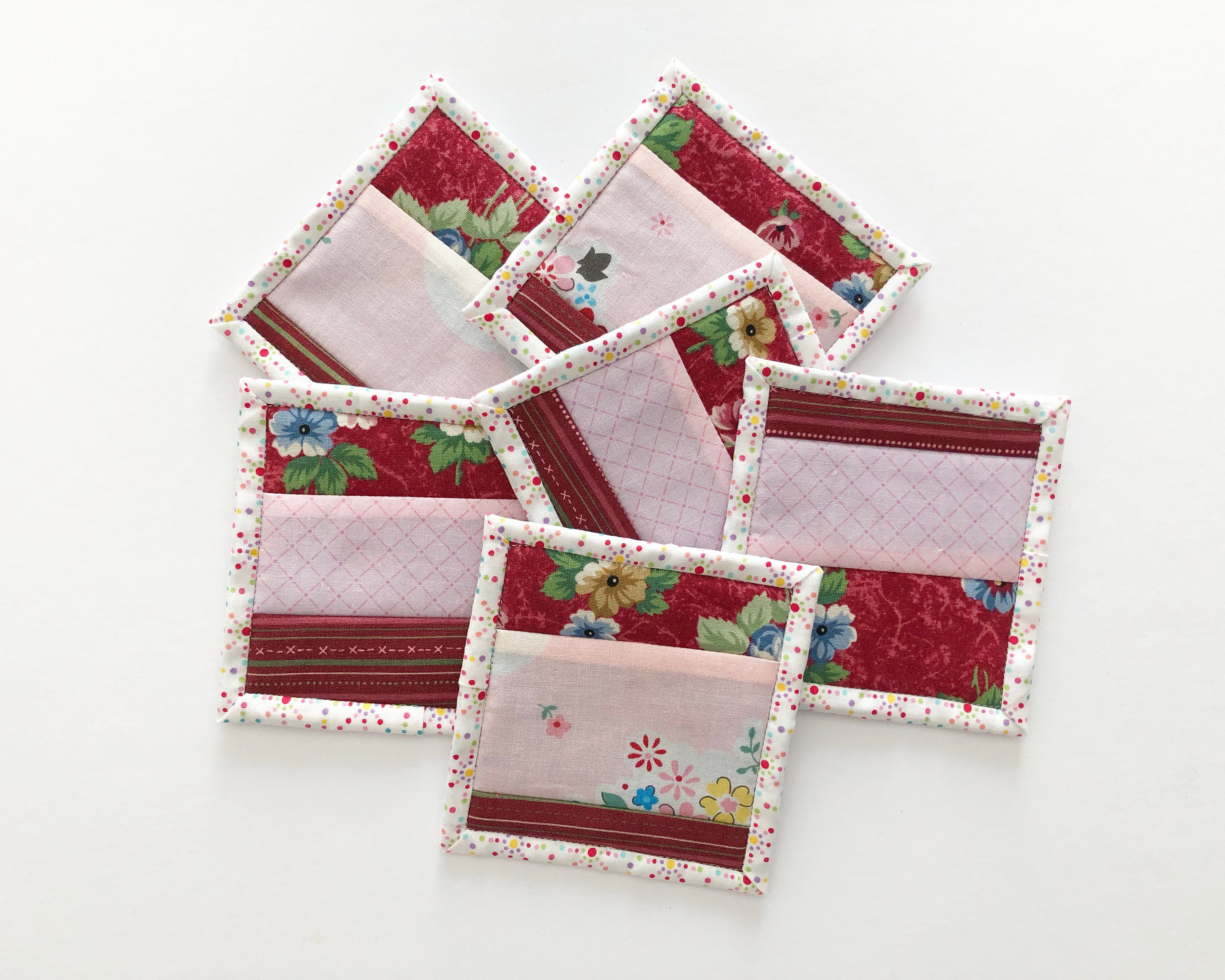 Set of Six Patchwork Mug Rugs in Red and Pink, Quilted Coasters, Fabric ...