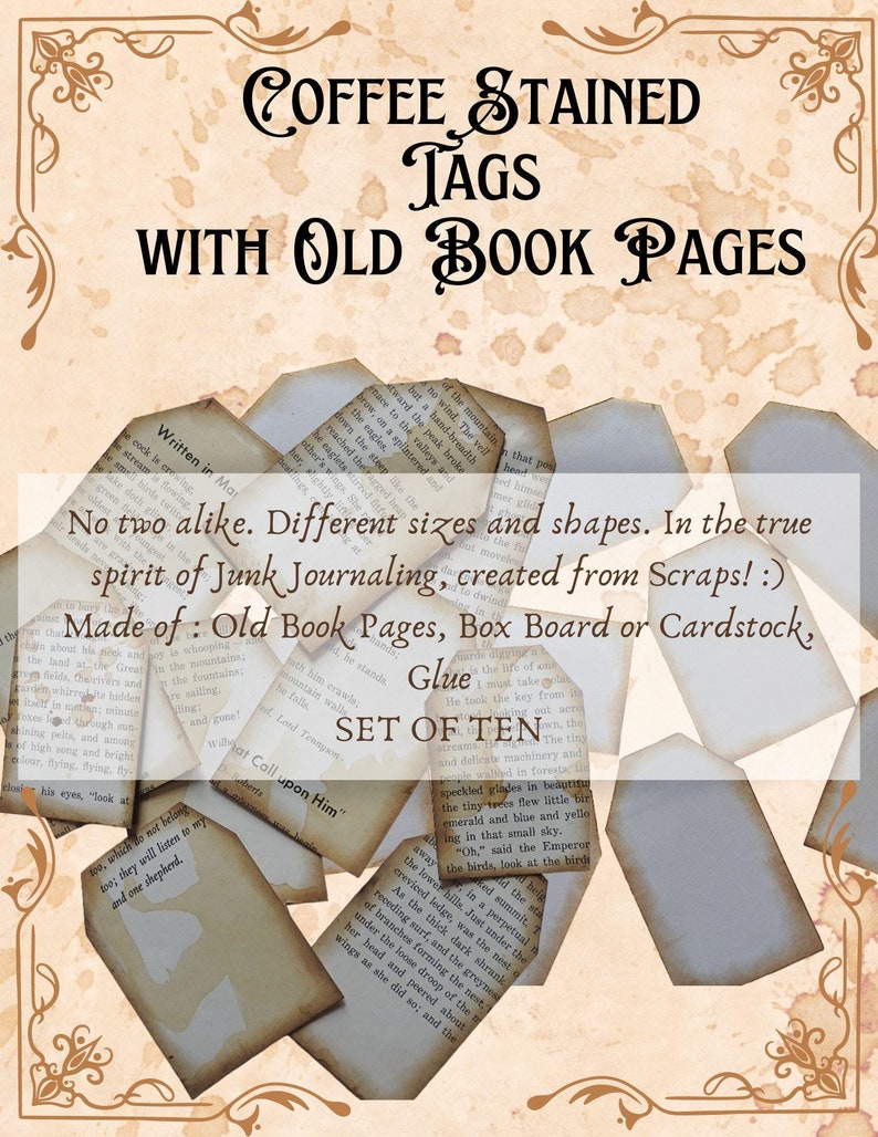 Vintage Handmade Tags, Book Pages, Ephemera, Coffee Stained, Junk ...