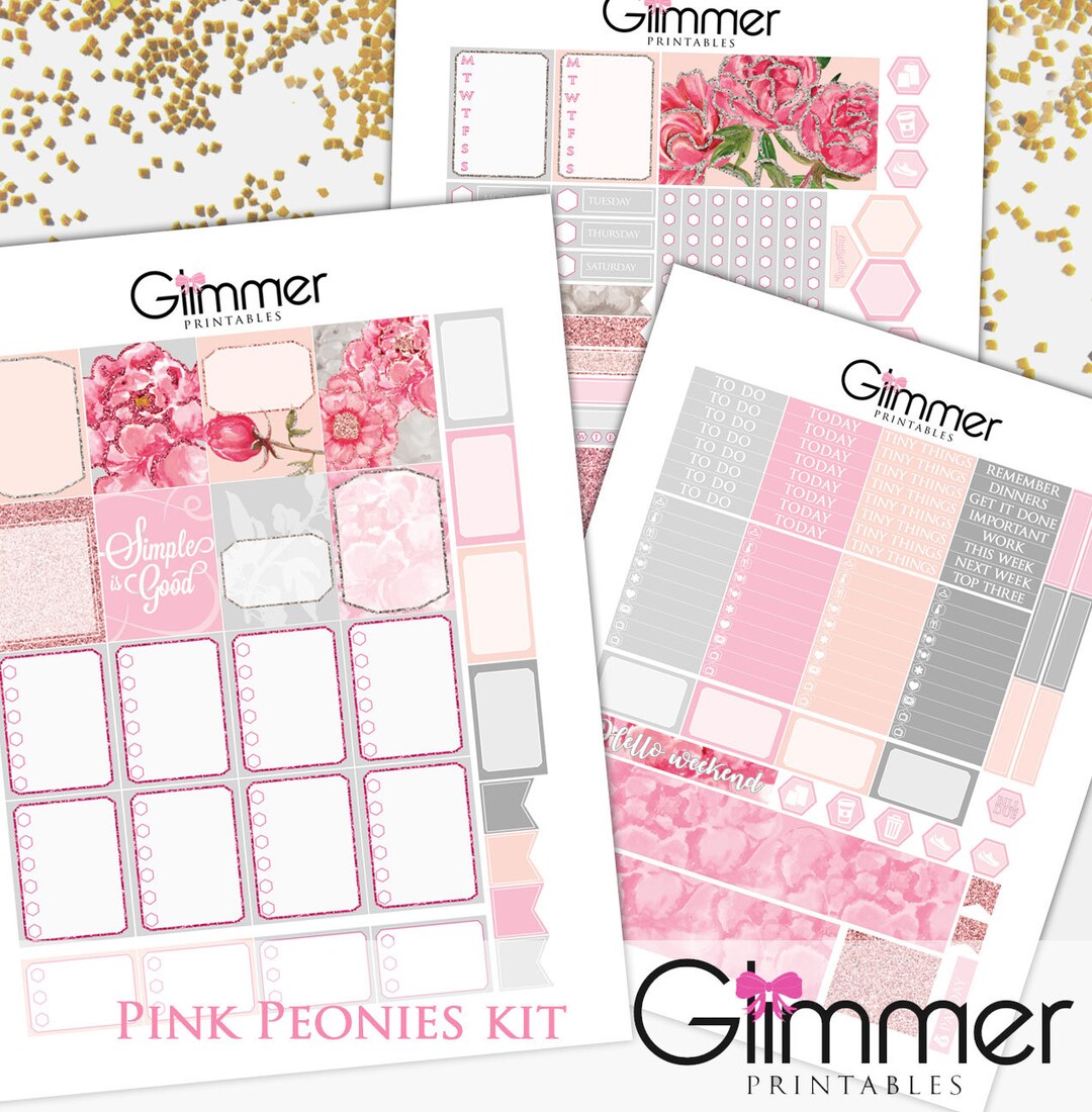 PINK PEONIES 3 Sheets_printable Planner Stickers for Erin - Etsy