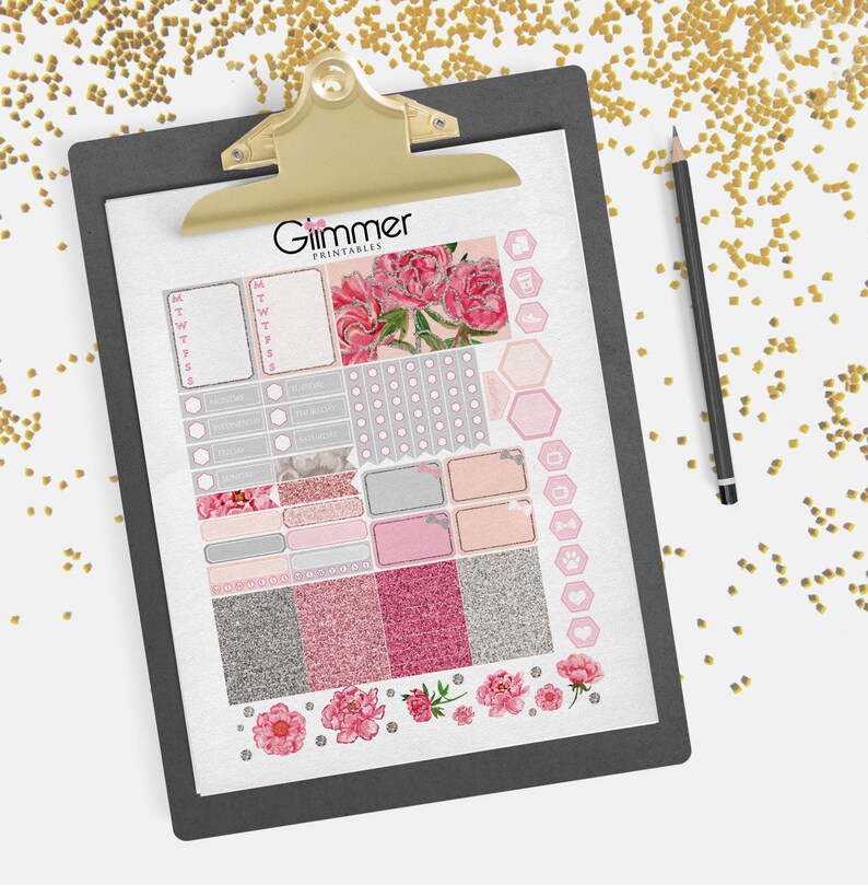 PINK PEONIES 3 Sheets_printable Planner Stickers for Erin - Etsy